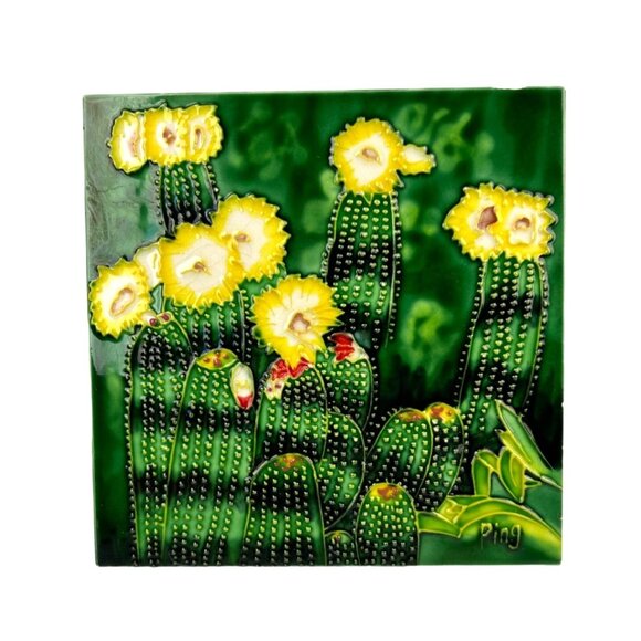 Ping | Art | Ping Artist Floral Cactus Ceramic Tile Art Textured Desert ...